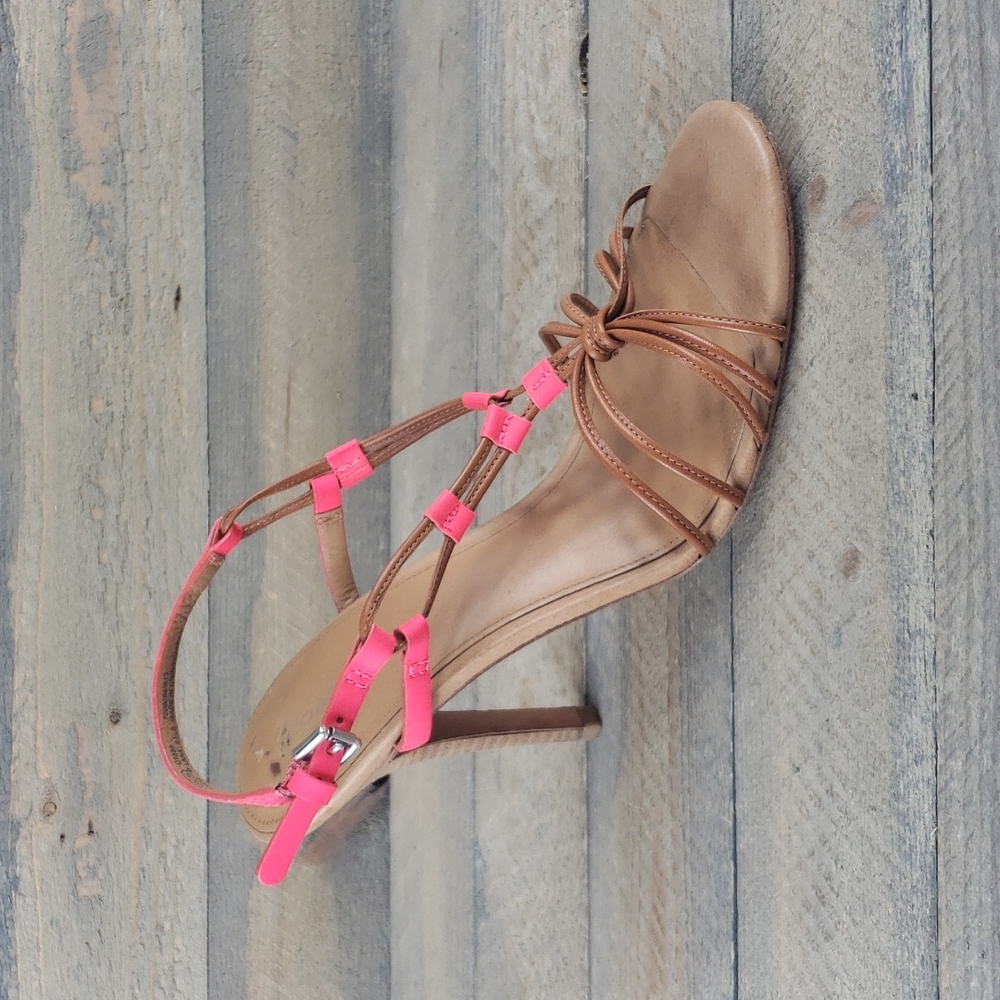 Coach Lana Leather Strappy Heels Neon Pink/Tan - Gem